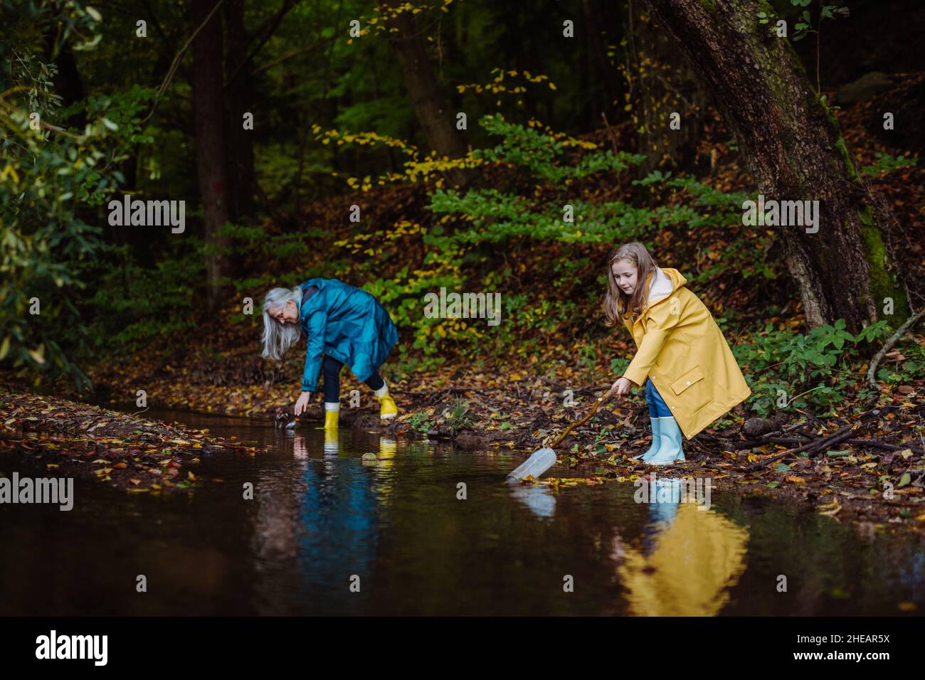 Small girl with grandmother picking up waste from little lake outoors ...
