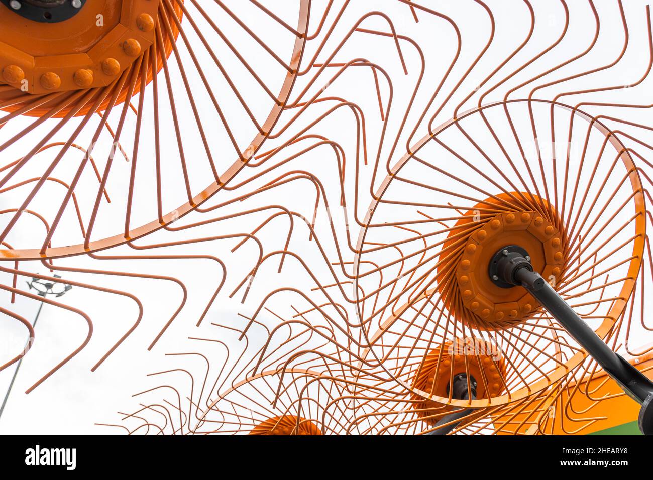 Agrarian technique. Close-up of parts of machine mechanisms. automatic ...