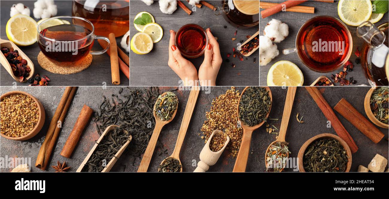 Photo collage of tea and different types of tea Stock Photo - Alamy