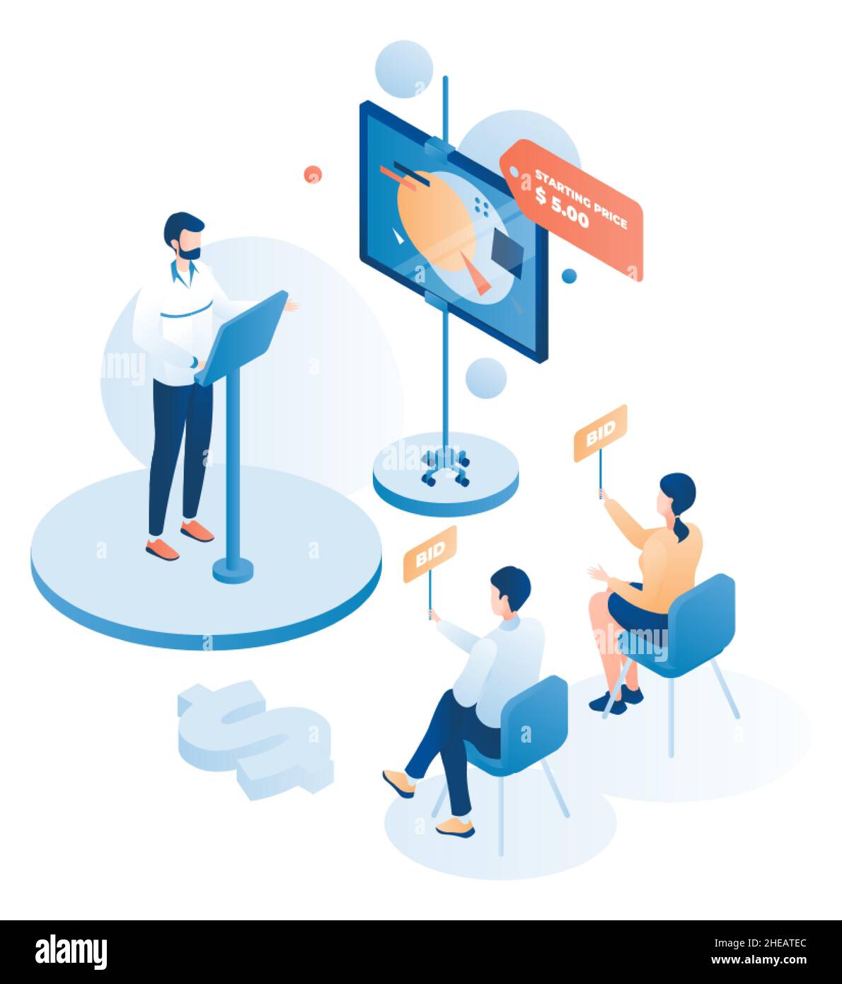 Auction scene with auctioneer calling out starting price, buyers making ...