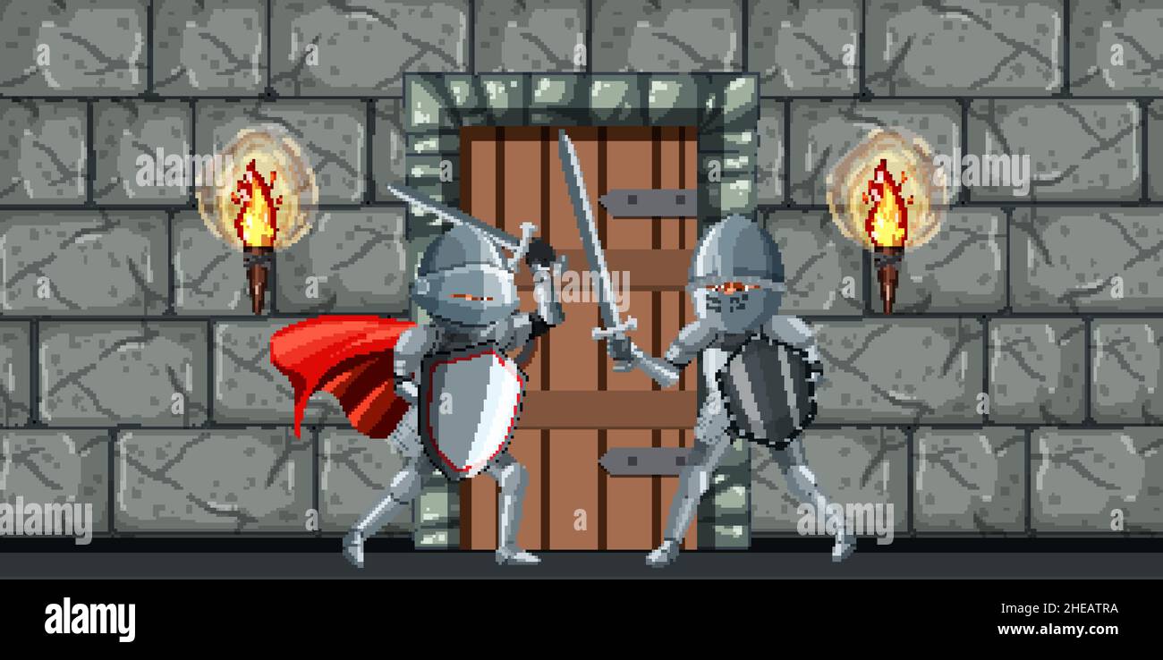 Scene with two medieval knights fighting illustration Stock Vector ...