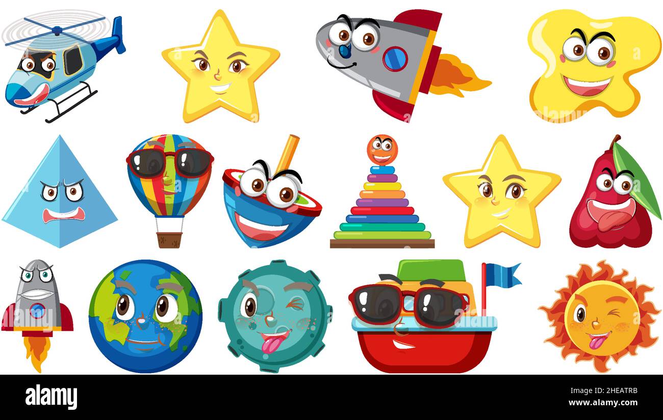 Set of different toy objects with smiley faces illustration Stock ...