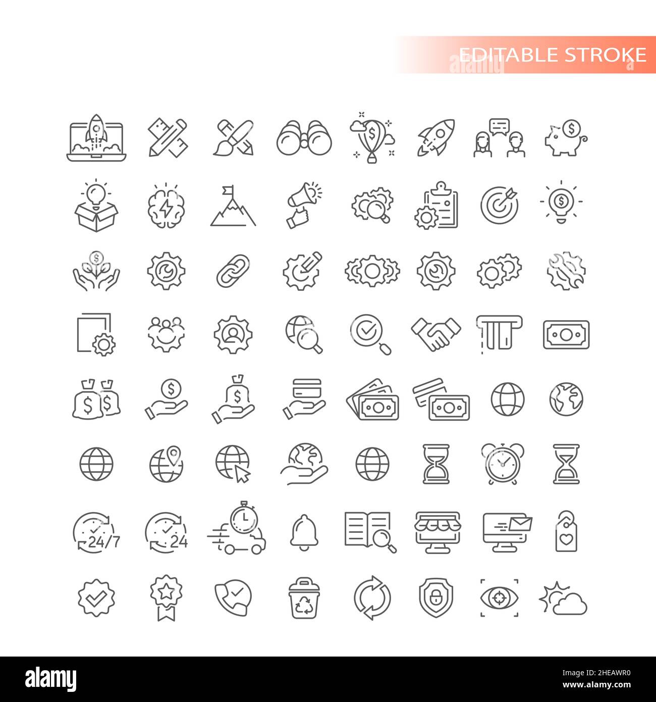 Business launch and web shopping site icons. Start up outlined icon set ...