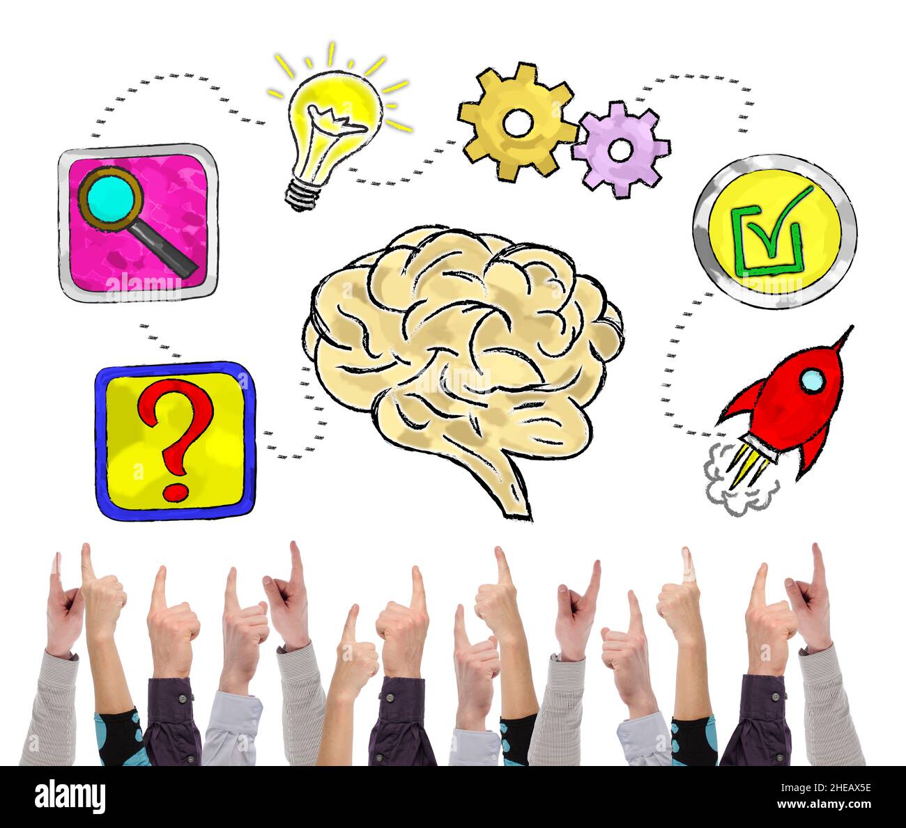 Problem solving concept on white background pointed by several fingers ...