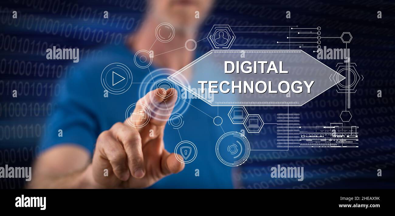 Man touching a digital technology concept on a touch screen with his ...