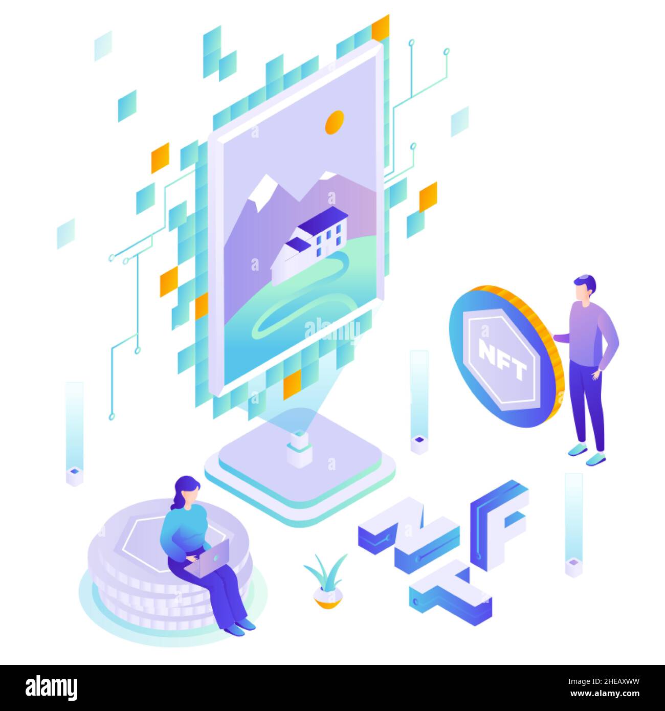 Artist selling nft tokens for cryptocurrency, vector isometric ...