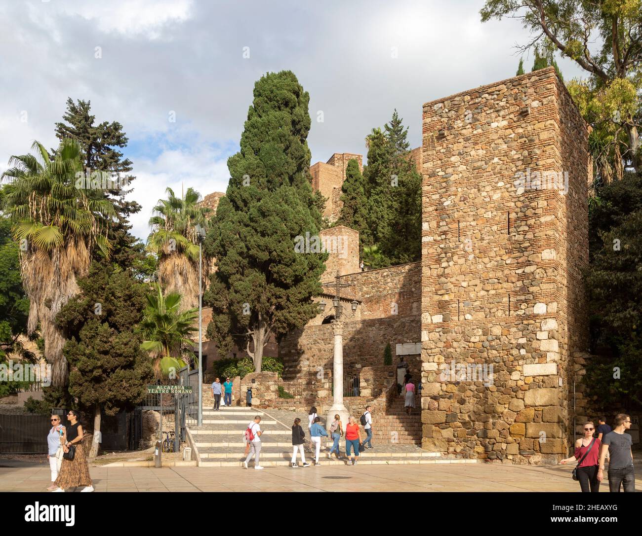 Historic defensive walls of Moorish fortress palace Alcazaba, Malaga ...