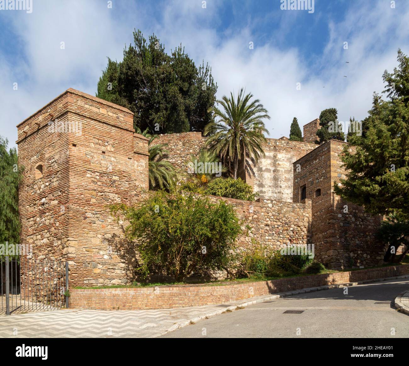 Historic defensive walls of Moorish fortress palace Alcazaba, Malaga ...