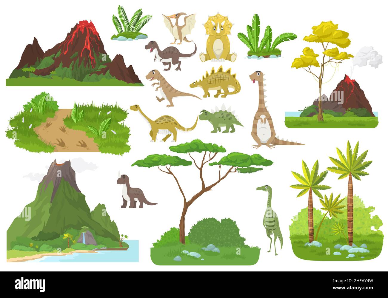 Cute jurassic dino cartoon character set, prehistoric nature, volcanoes ...