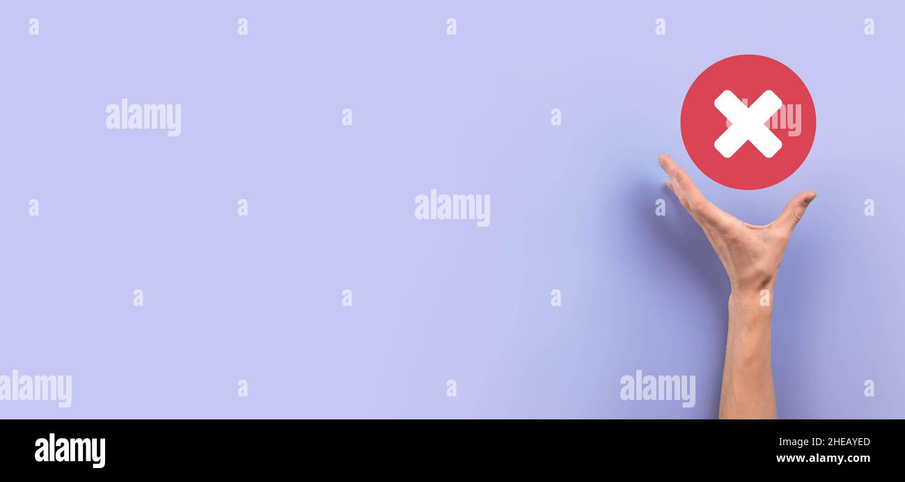 Hand holds icon,cancellation symbol,cancel icon.Cross mark flat red ...