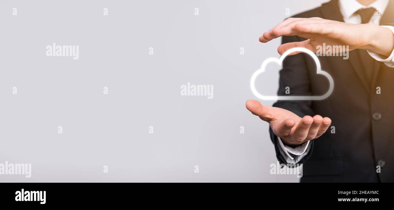 Hand holding icon cloud computing network and icon connection data information in hand. Cloud ...