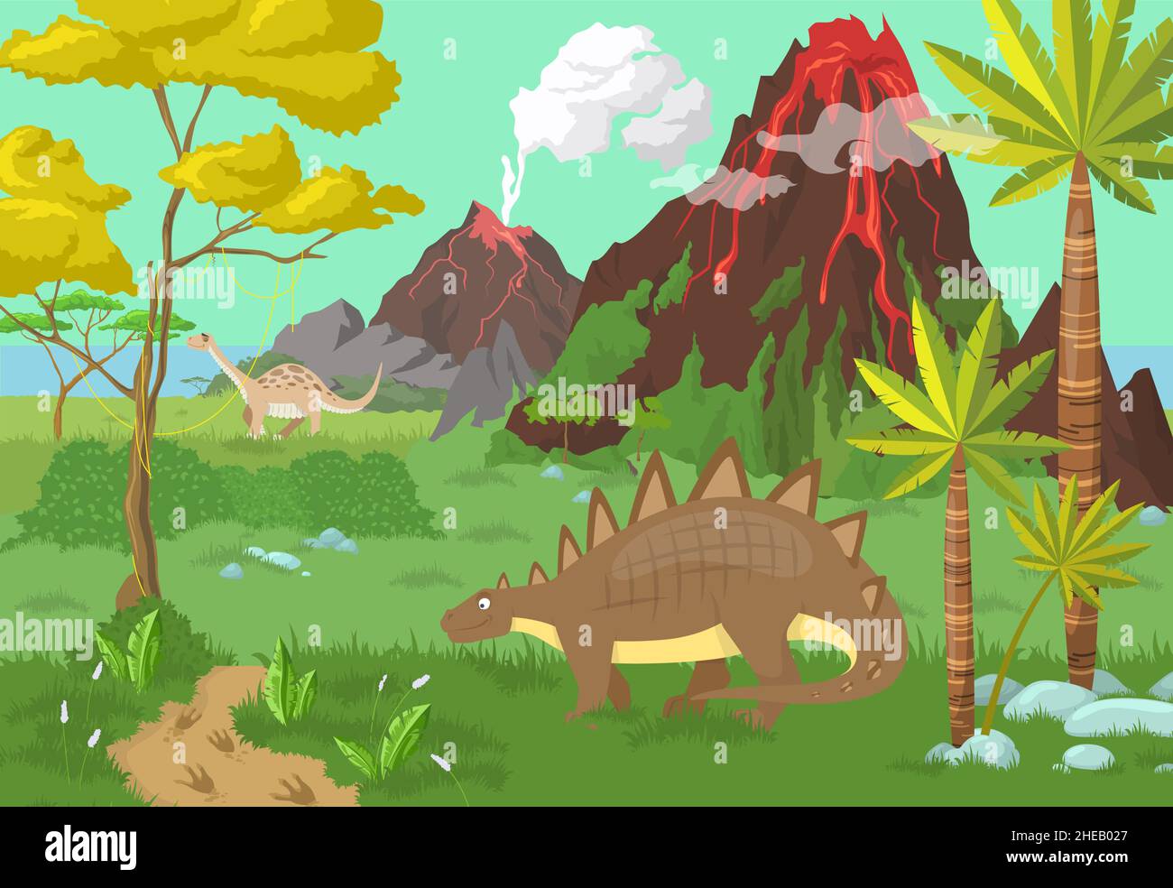 Prehistoric era scene with dinosaurs roaming near active volcanoes ...