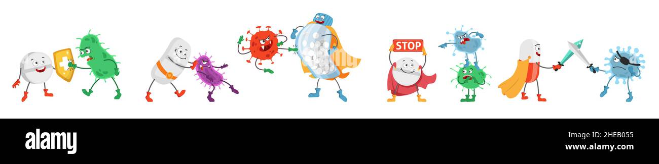 Superhero pills. Tablet, capsule, funny super hero cartoon characters ...