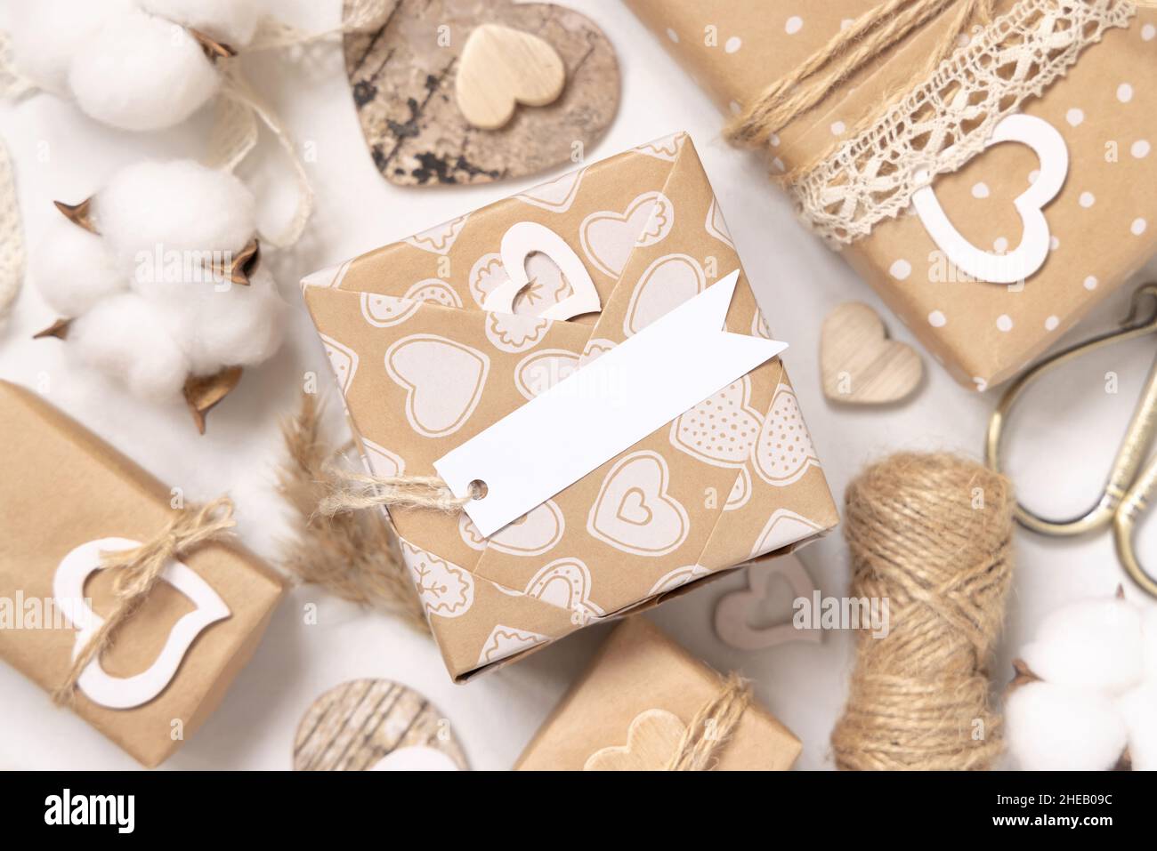 Valentines present with horizontal gift tag, heart and pampas grass ...