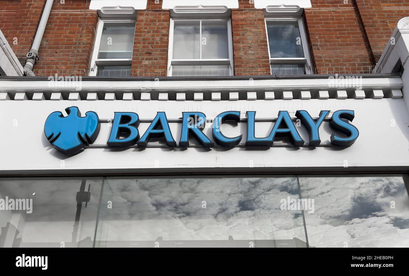 London UK - 9th December 2021 - Barclays bank sign and logo. Barclays ...