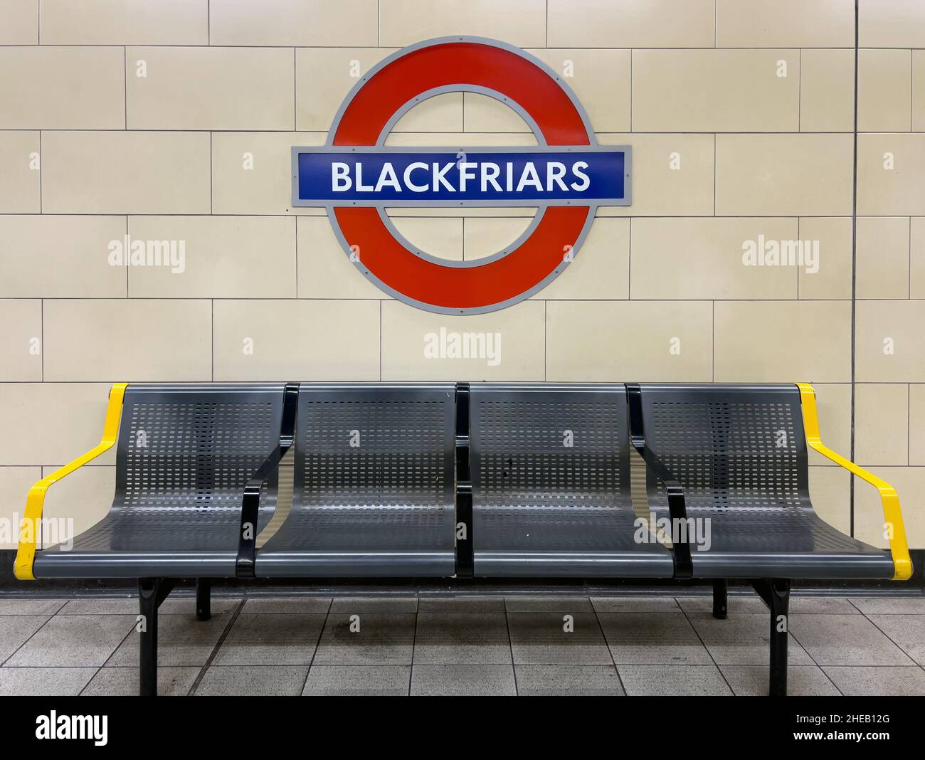 London UK - 18th November 2021 - Blackfriars station sign and seating ...