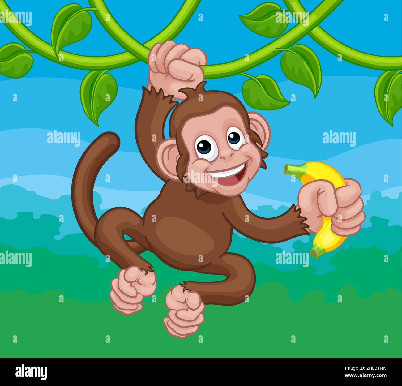 Monkey Singing On Jungle Vines With Banana Cartoon Stock Vector Image ...