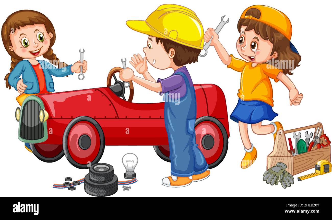Children repairing a car together illustration Stock Vector Image & Art ...