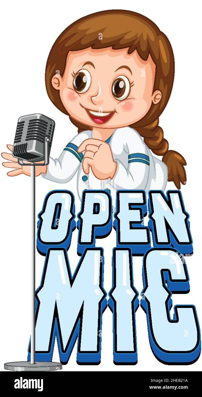 Open mic logo design with singer girl cartoon character illustration ...