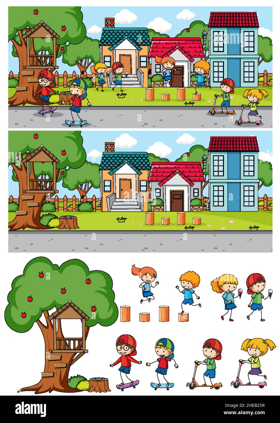 Park scene set with many kids doodle cartoon character isolated ...