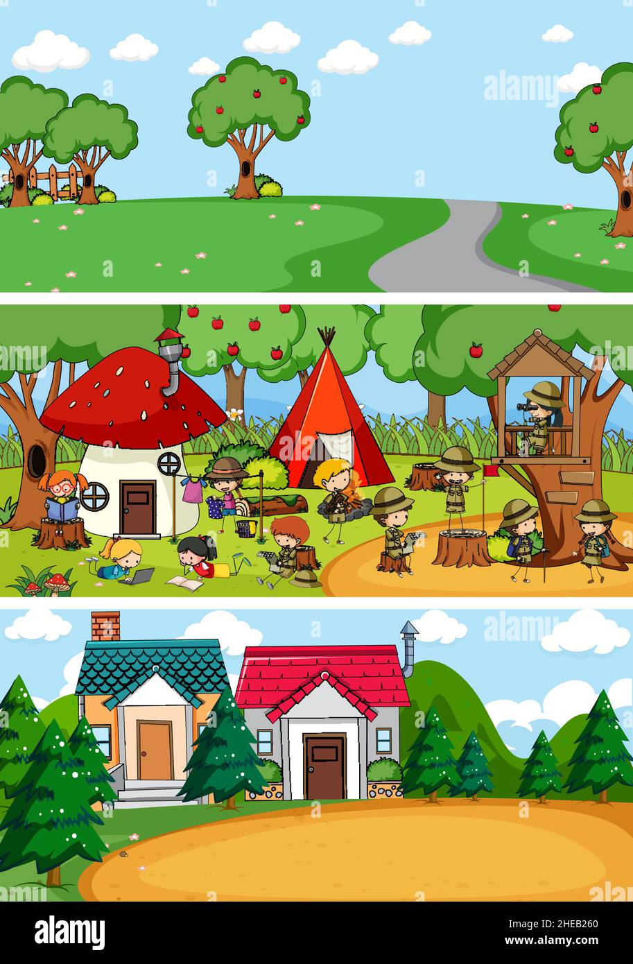 Set of different horizontal scenes background with doodle kids cartoon ...
