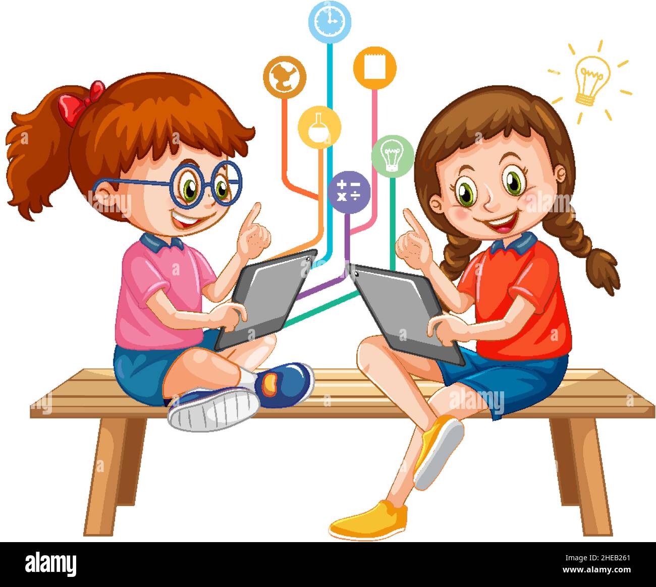 Two girls using tablet with education objects illustration Stock Vector ...