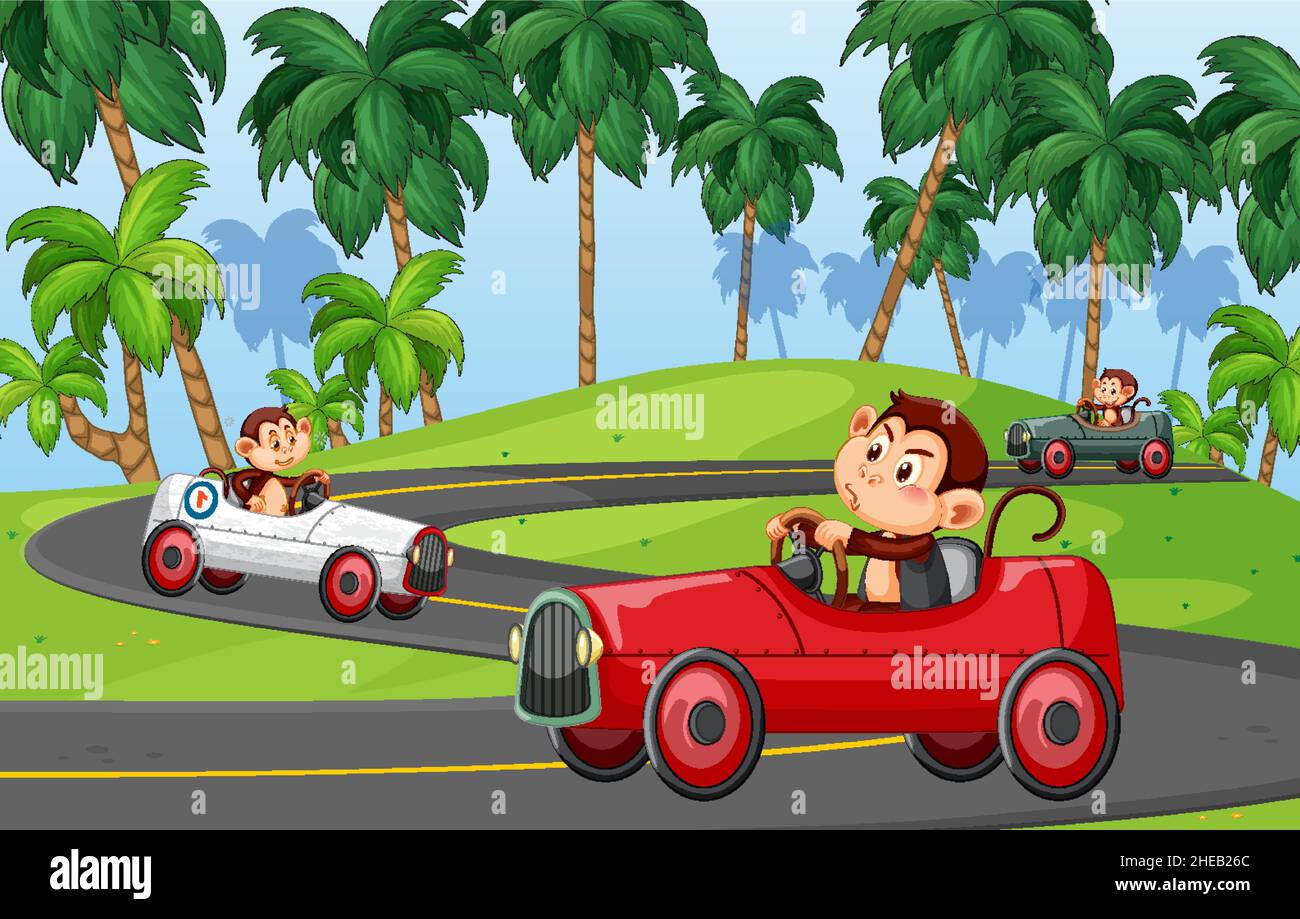 Race track scene with monkey racing drivers illustration Stock Vector ...