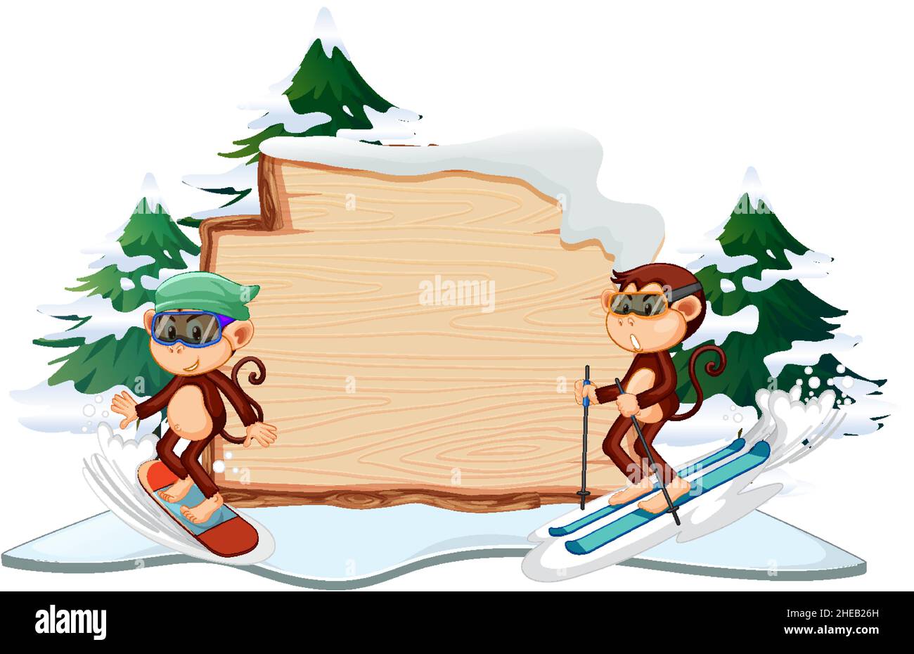 Monkey skiing with blank board on white background illustration Stock ...