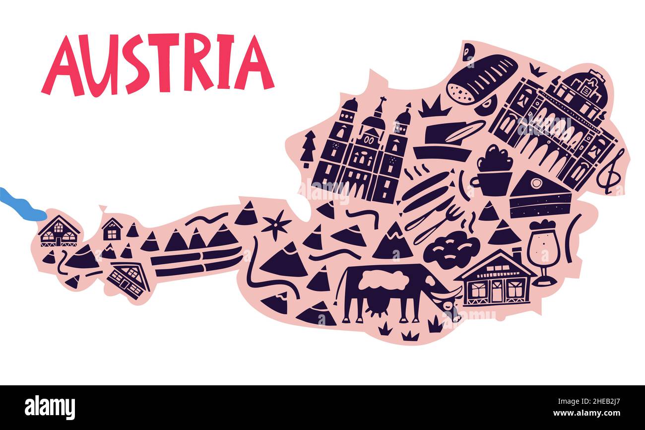 Vector hand drawn stylized map of Austrian landmarks. Travel ...