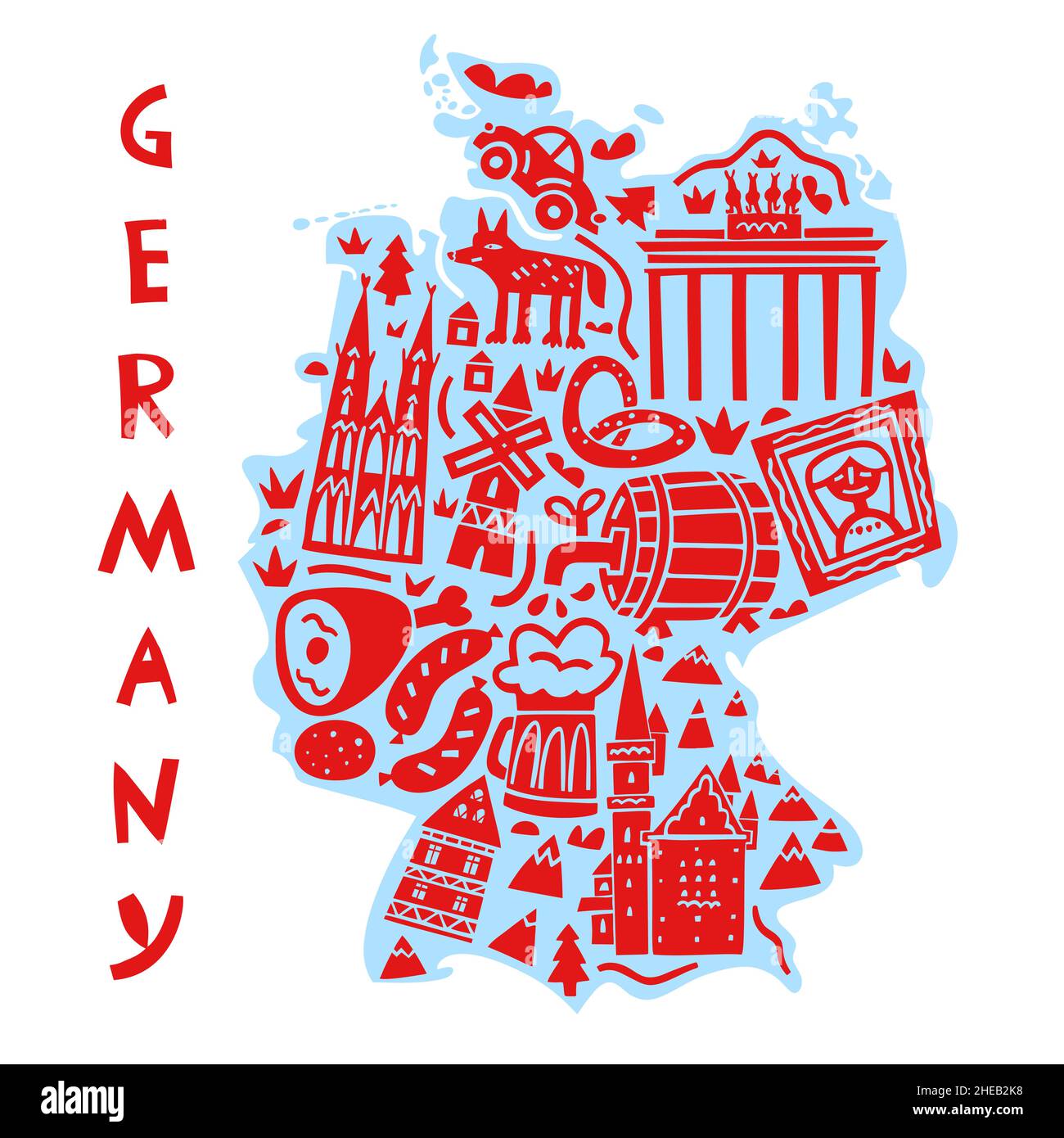 Vector hand drawn stylized map of German landmarks. Travel illustration ...