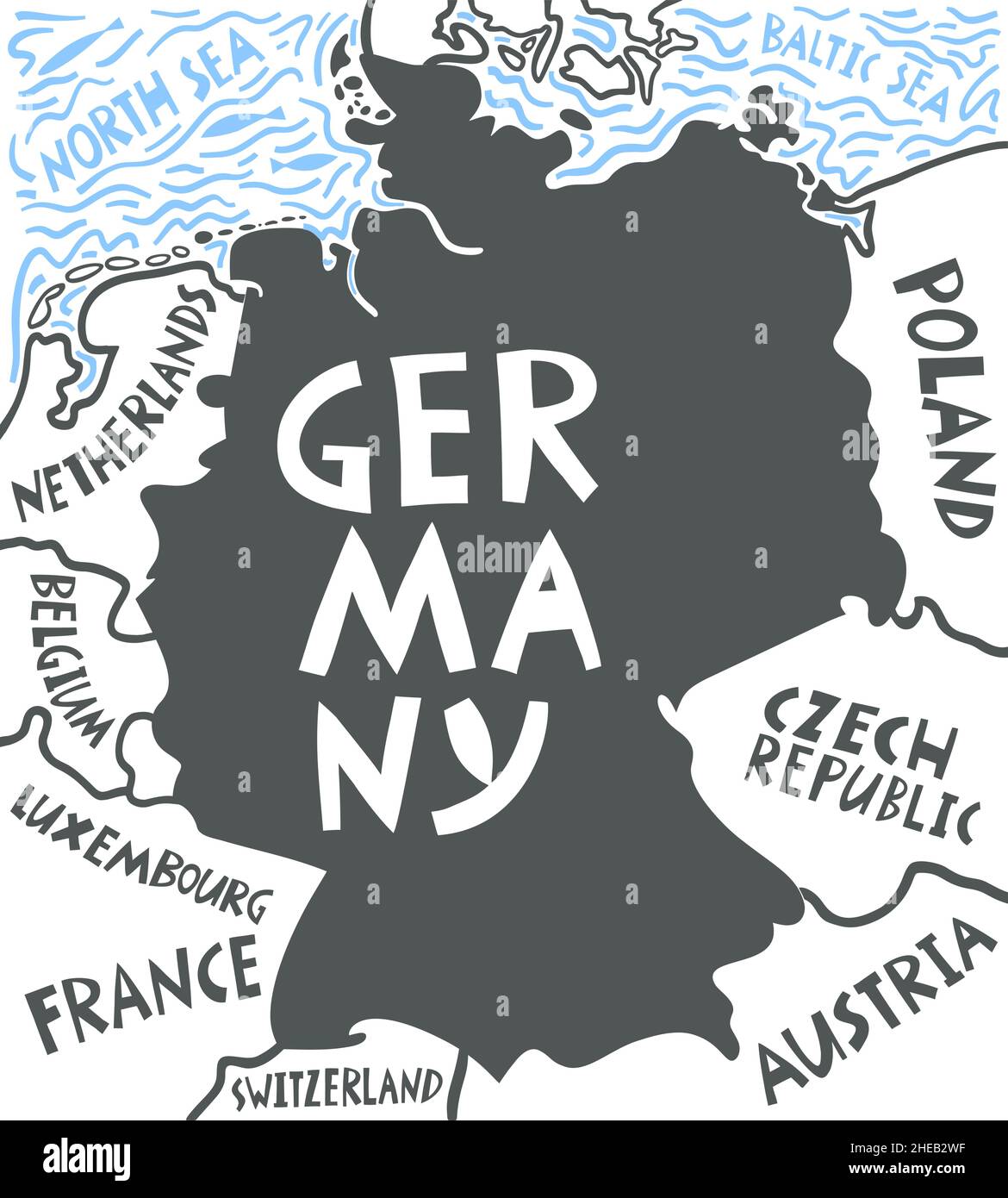 Vector hand drawn stylized map of Germany neighboring countries. Travel ...