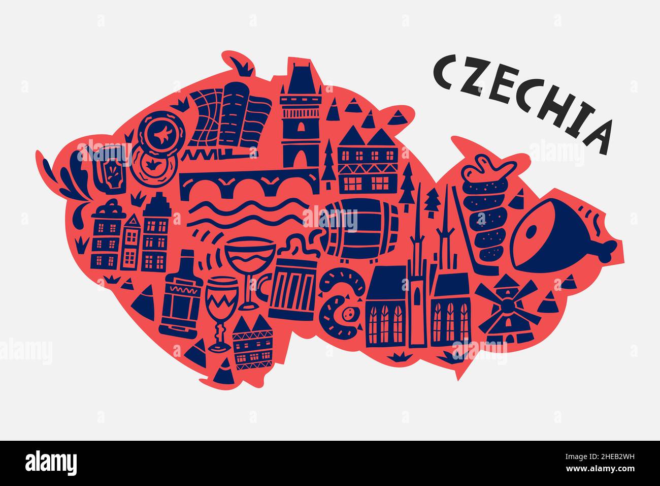 Vector hand drawn stylized map of Czechia landmarks. Travel ...