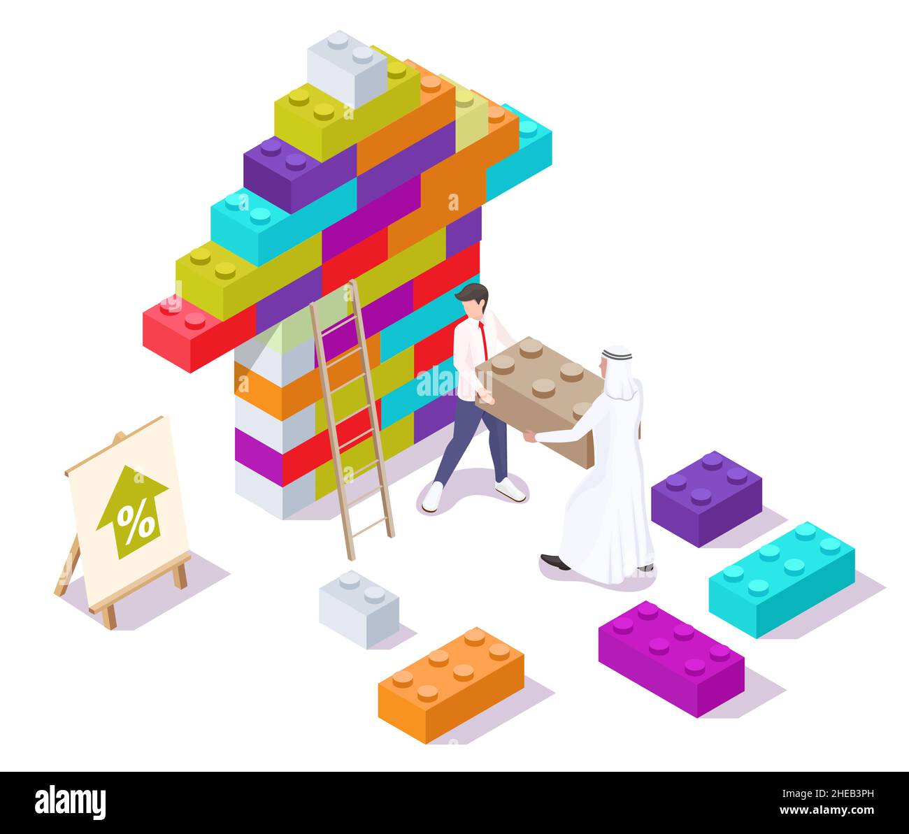 Business people building block up arrow together, vector isometric ...