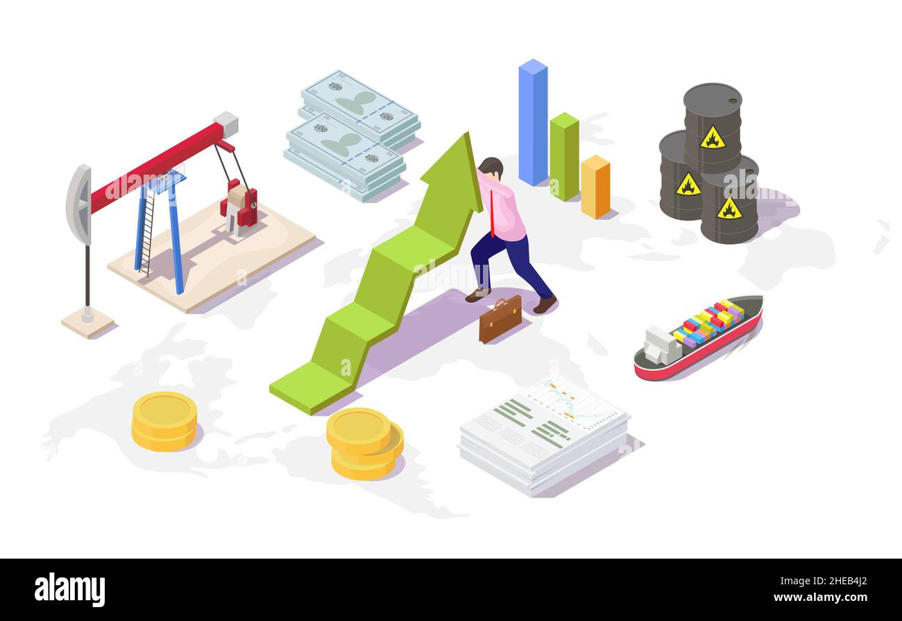 Crude oil price rise, vector isometric illustration. Oil pump, barrel ...