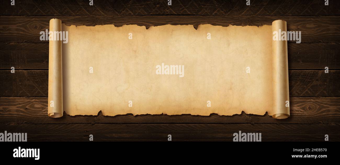 Old paper horizontal banner. Parchment scroll on a wood board ...