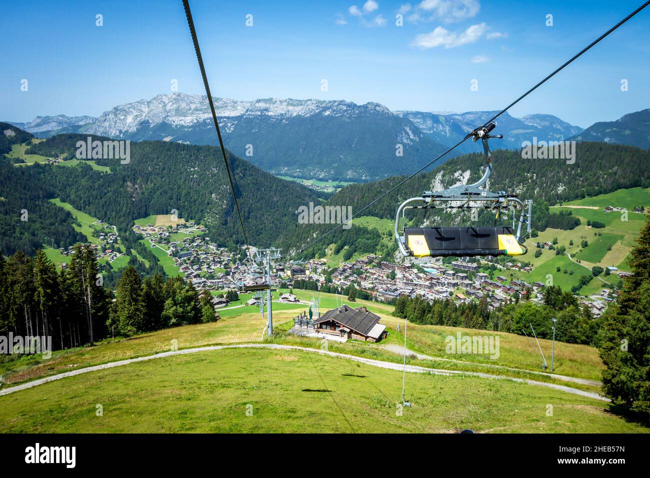 Chair lift above the village of La Clusaz in summer, France Stock Photo ...
