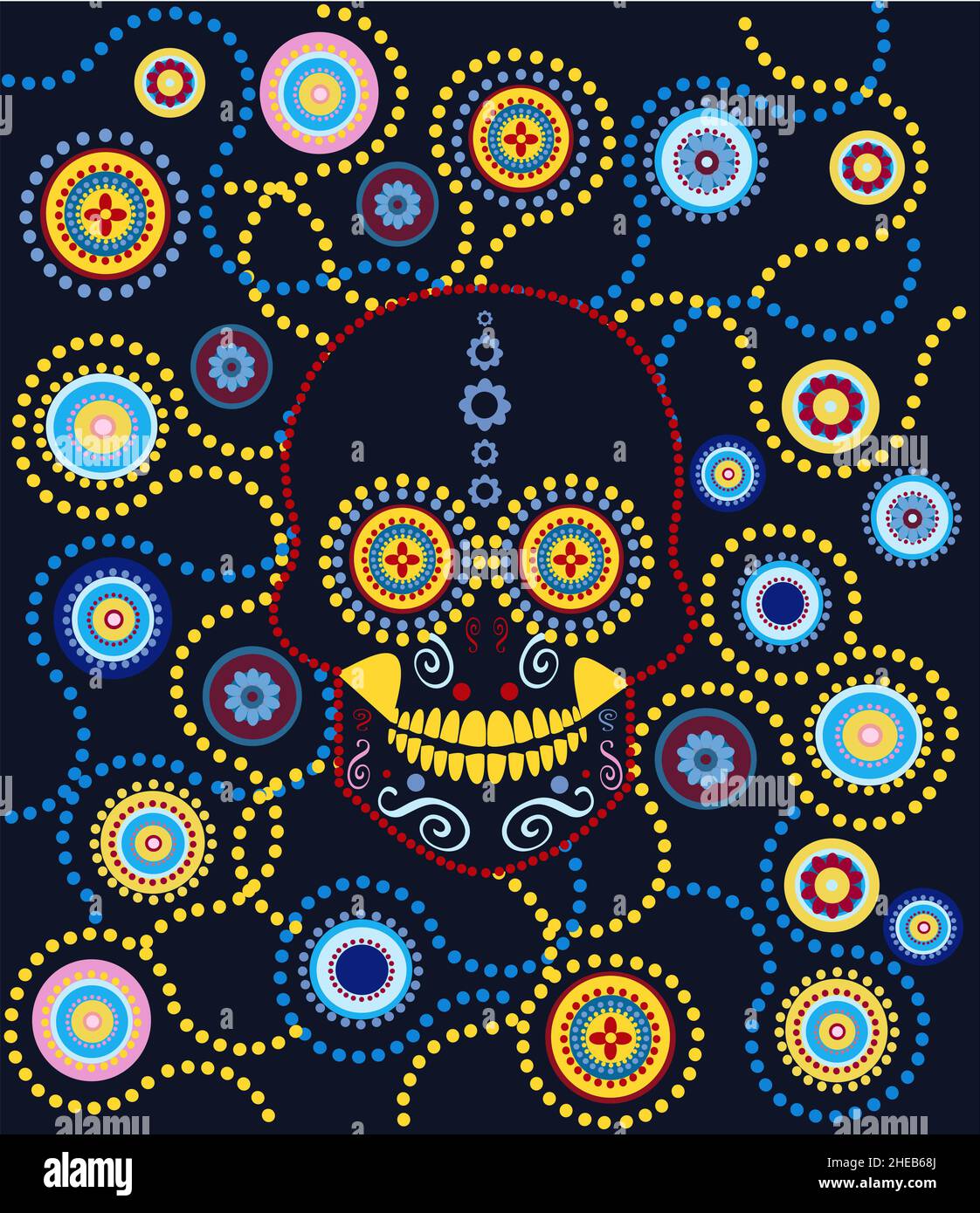 Mexican sugar skull icon with Mandala circles background, blue and ...