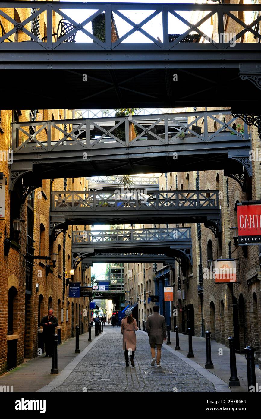 Overhead walkways between converted Victorian warehouses in London's ...