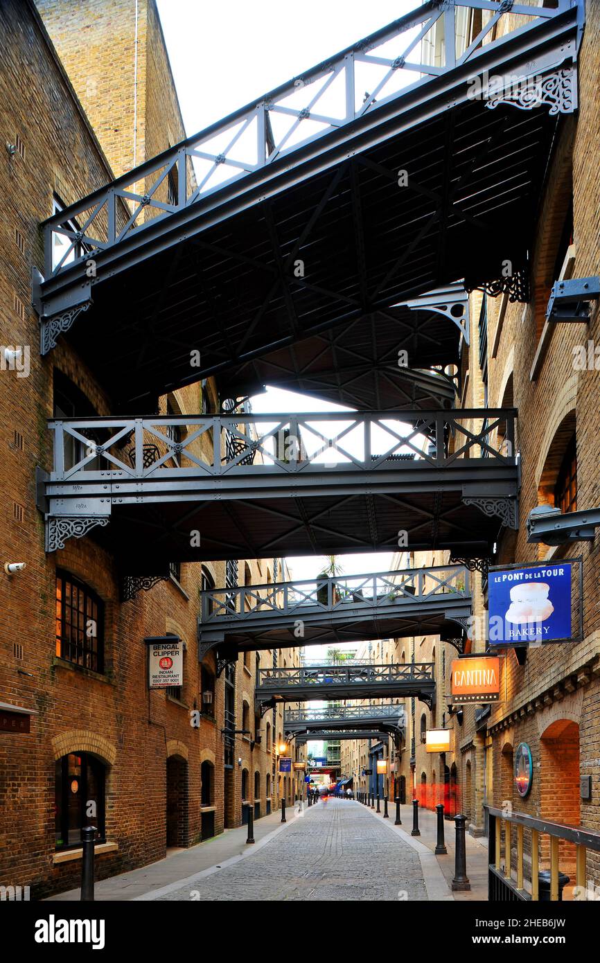 Overhead walkways between converted Victorian warehouses in London's ...