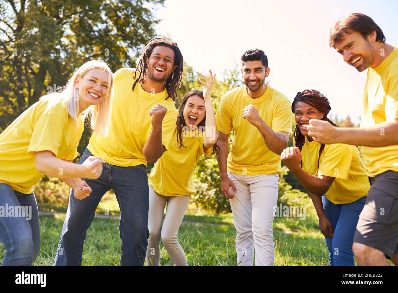 Successful start-up team with clenched fists for motivation and team ...