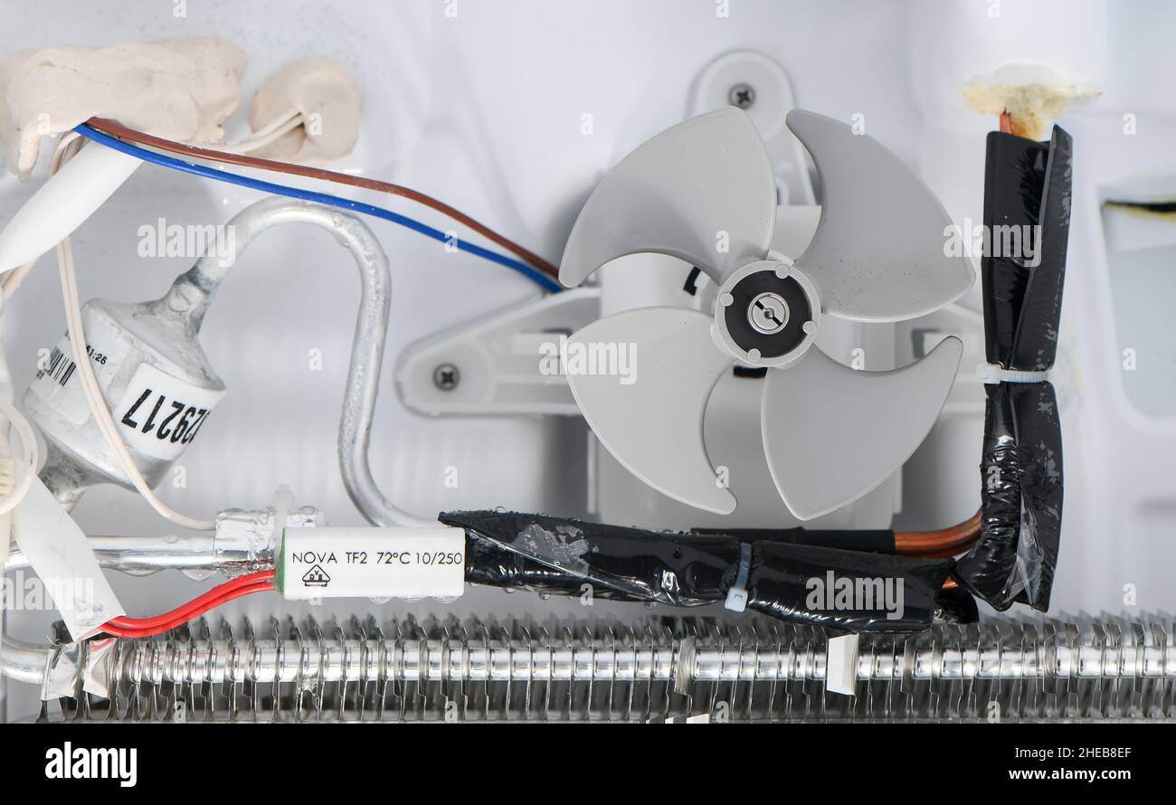 Inside of a freezer showing fan unit and evaporator parts Stock Photo ...