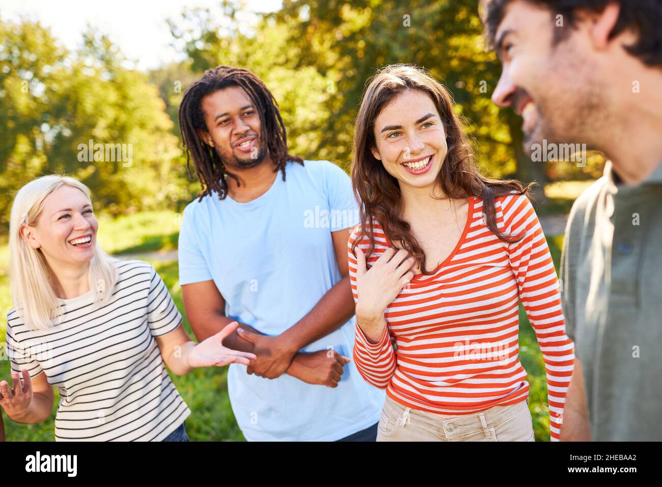 Four friends are having fun together on a summer outing in nature Stock ...