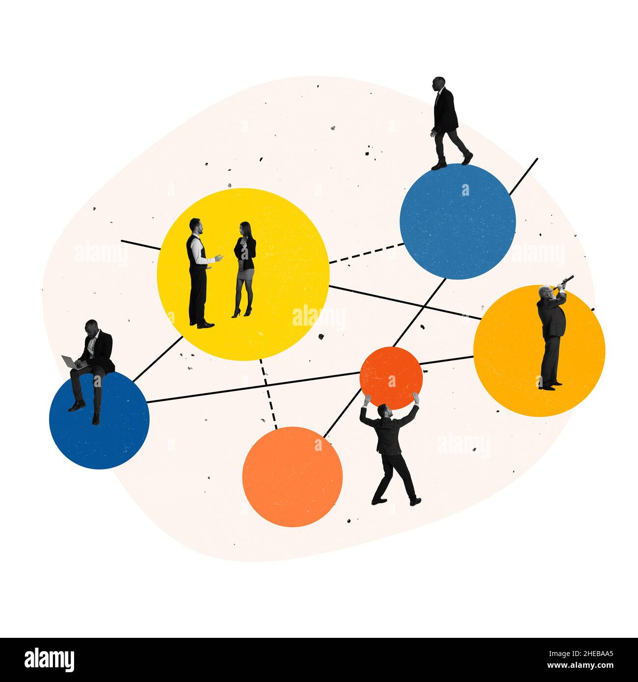 Creative art collage. Modern design. ompany employees working on new ...