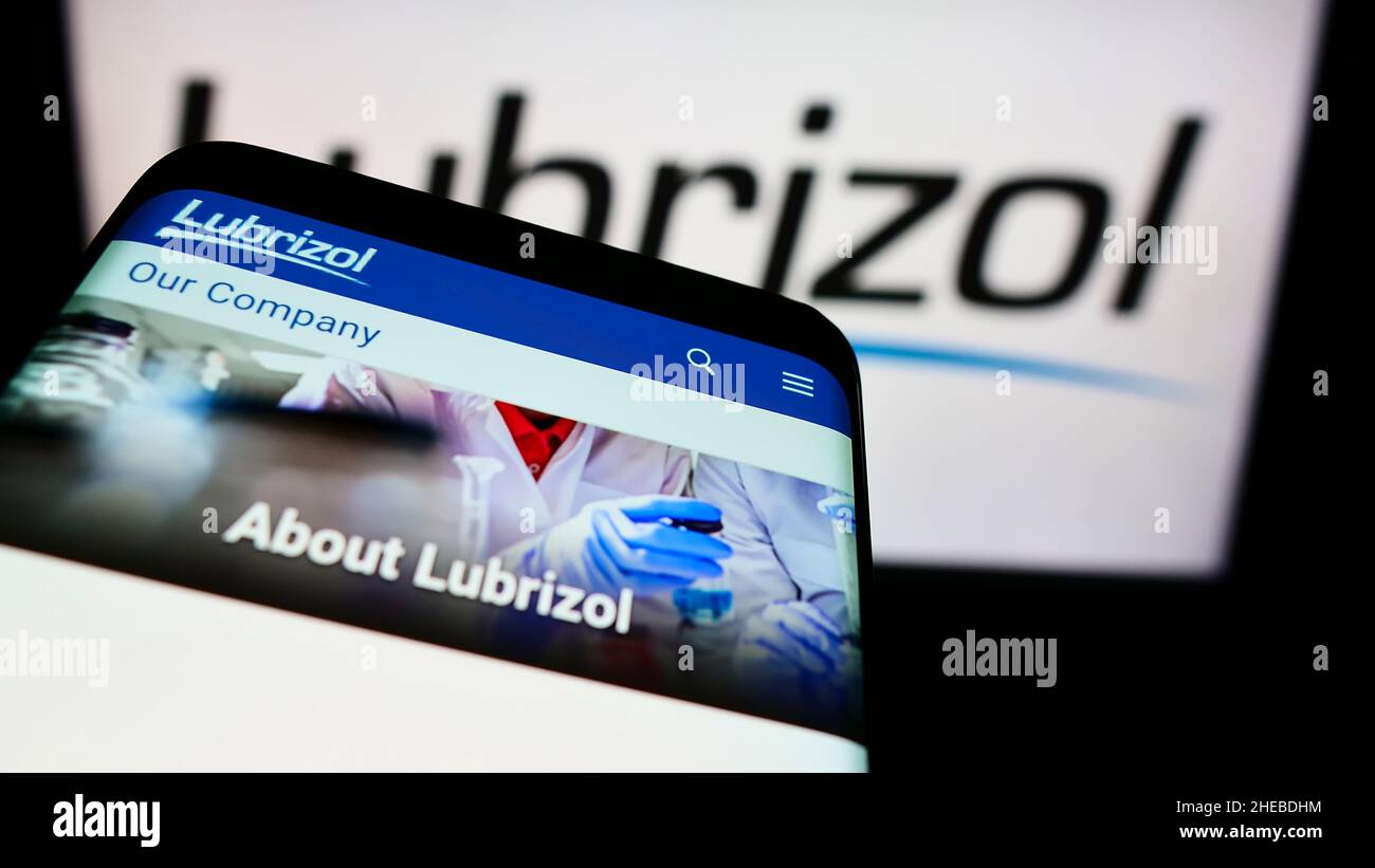 Mobile phone with webpage of American chemical company Lubrizol ...