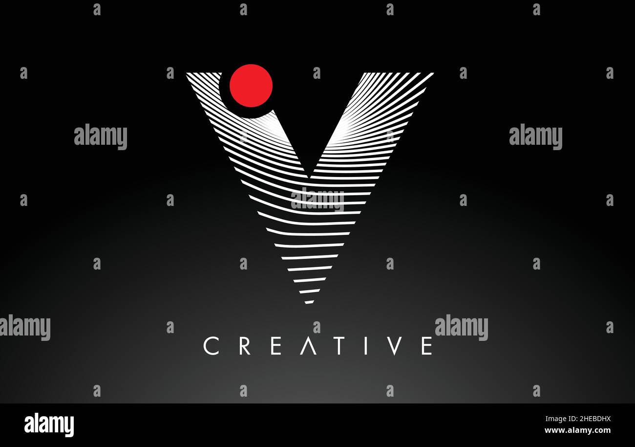 V Letter Logo with Red Dot Circle and Warp Lines Design Vector ...