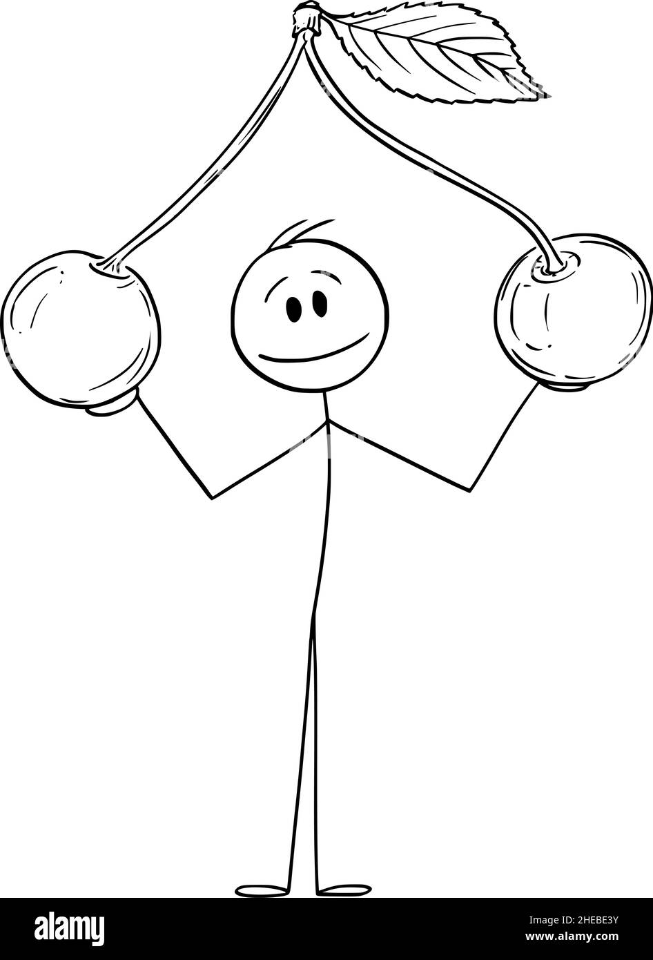 Person Holding Two Big Cherry Fruit, Vector Cartoon Stick Figure ...