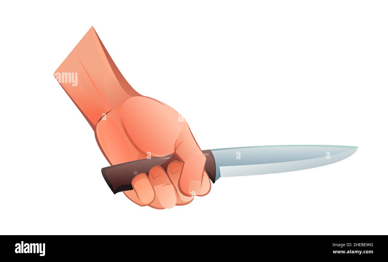 Hand with knife. Blow from below. Object isolated on white background ...
