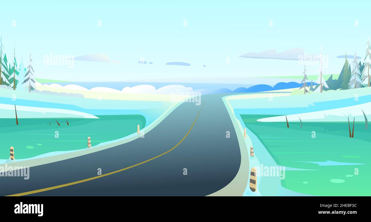 Good asphalt road. Winter daytime landscape. Quality modern empty ...