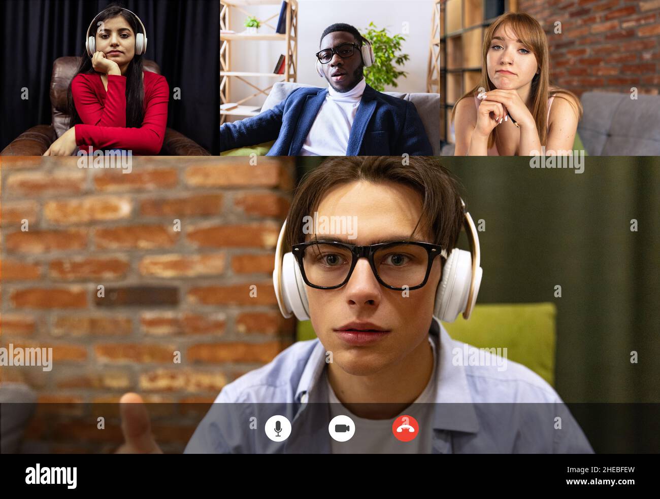 Teamworking, students at online lesson, class via group video call ...