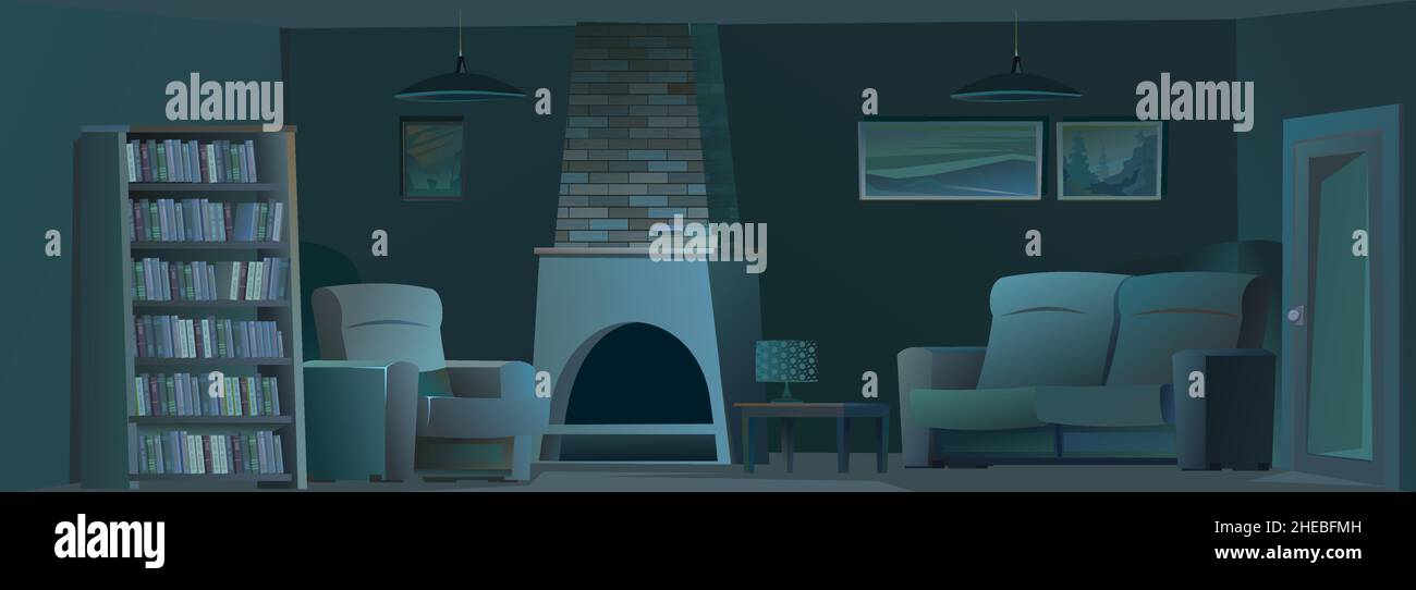 Living room interior with armchair and sofa. Night time and darkness ...